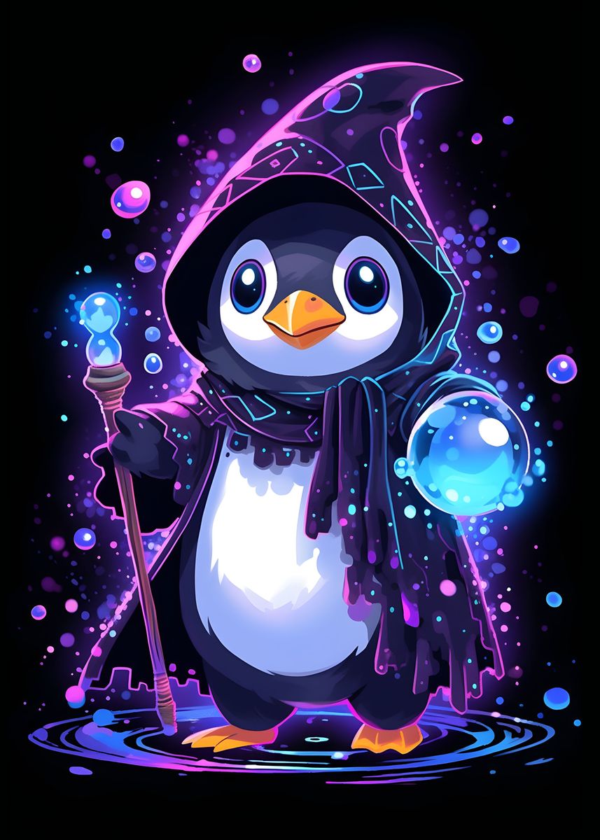 'Penguin Bubble Wizard' Poster, picture, metal print, paint by ...