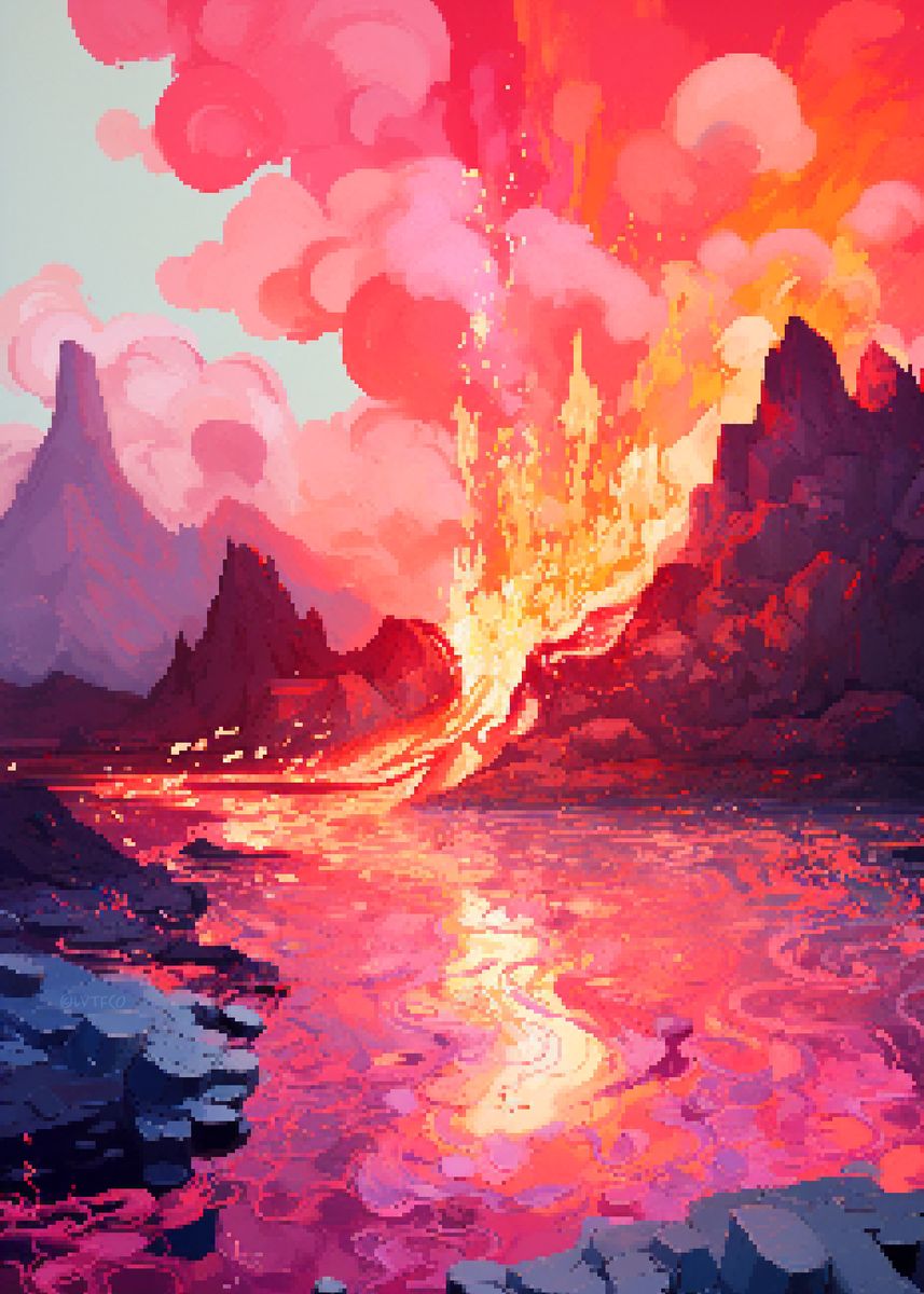 'Volcano Scene Pixel Art' Poster, picture, metal print, paint by LVTFCO ...