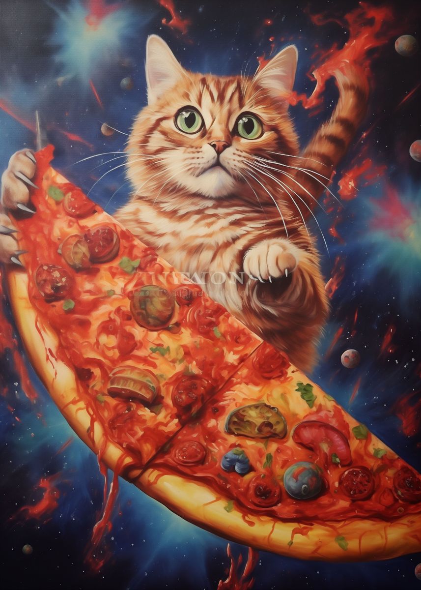 'Funny cat eating pizza' Poster, picture, metal print, paint by ...