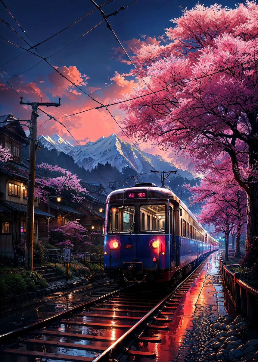 'Sakura Sunset Express' Poster, picture, metal print, paint by ...