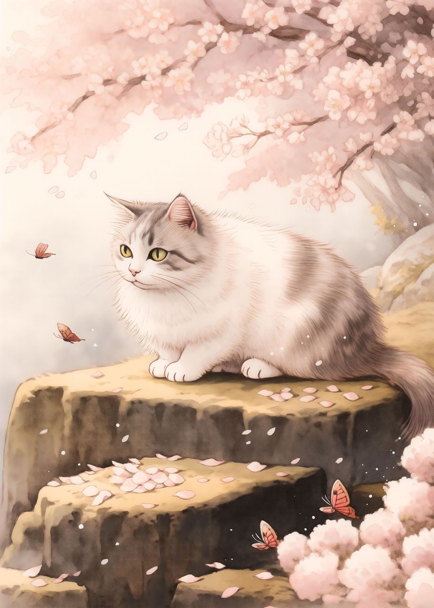'Cute japanese cat hanami' Poster, picture, metal print, paint by ...