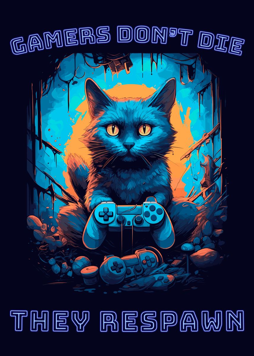 'Funny Gamer Cat' Poster, picture, metal print, paint by Pete A Bryant ...