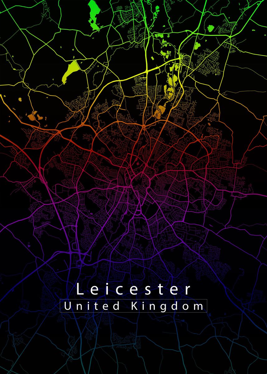 'Leicester City Map rainbow' Poster, picture, metal print, paint by ...
