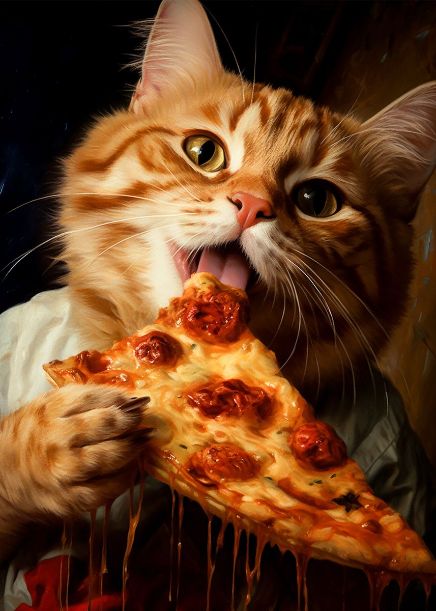 'Cat Eating Pizza' Poster, picture, metal print, paint by Danan Putra ...