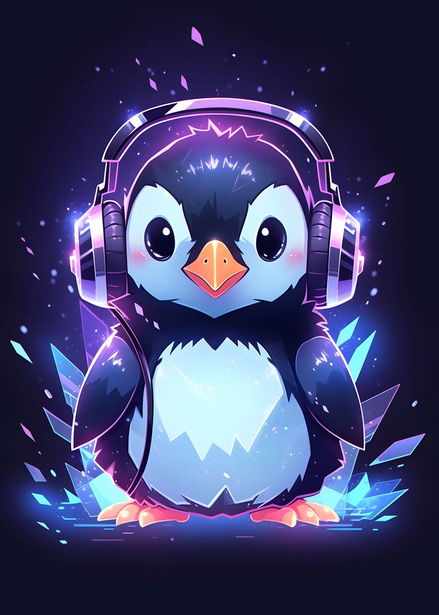 'Ice Penguin Headphones' Poster, picture, metal print, paint by ...