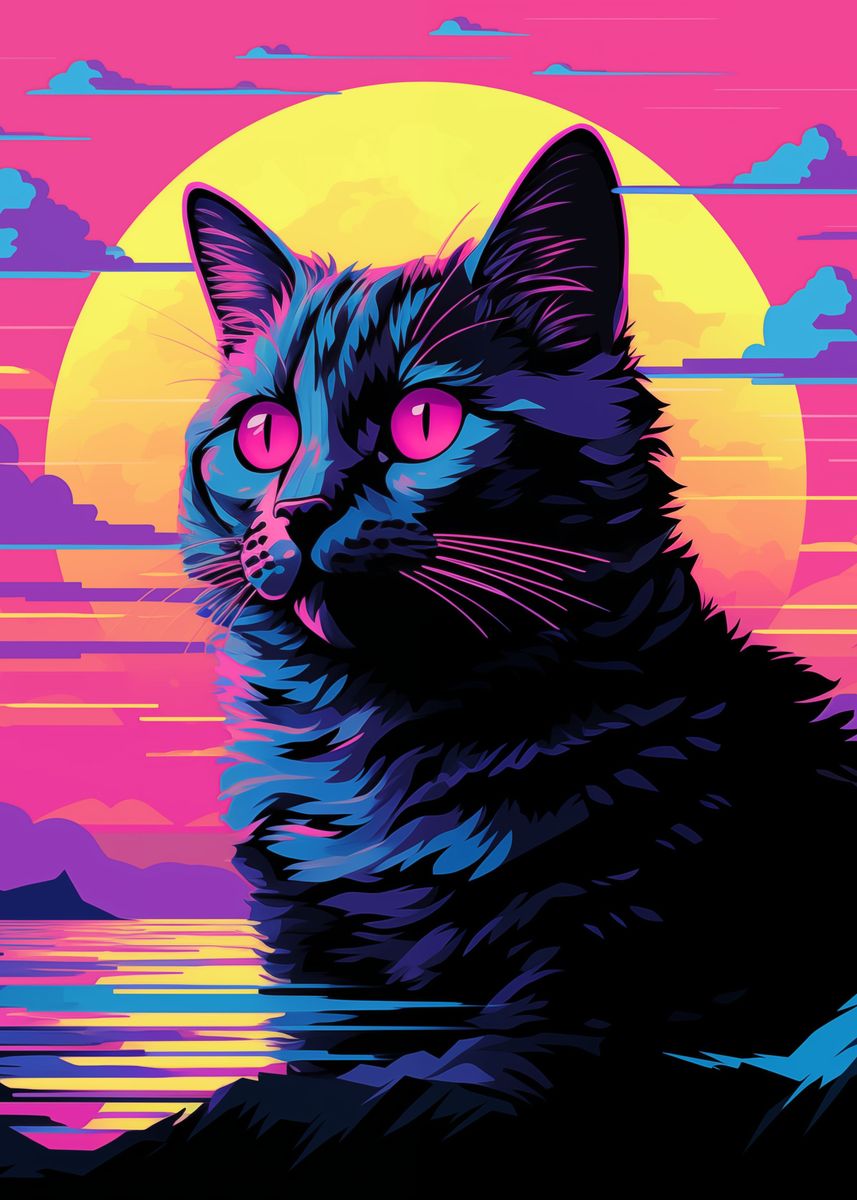 'Retrowave Cat' Poster, picture, metal print, paint by Akaiji | Displate