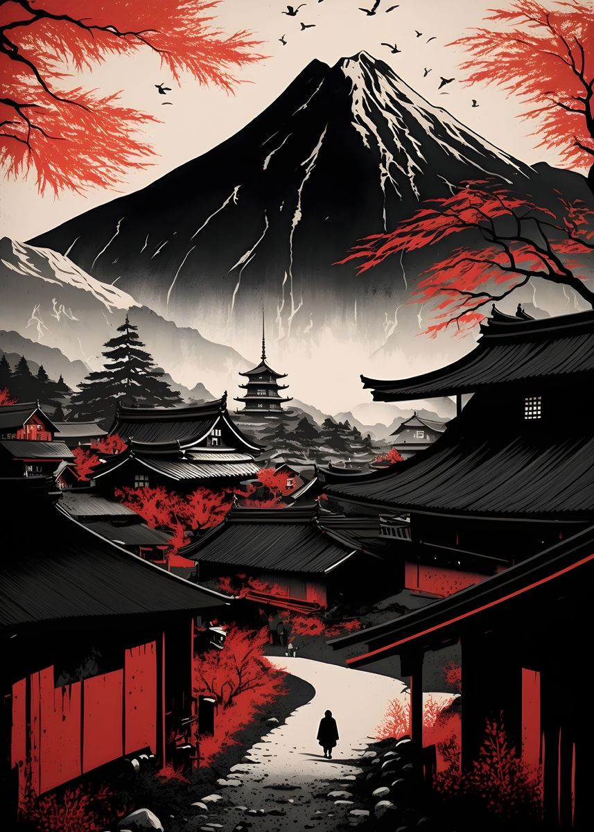 'Red Japan Fuji Mountain' Poster, picture, metal print, paint by ...