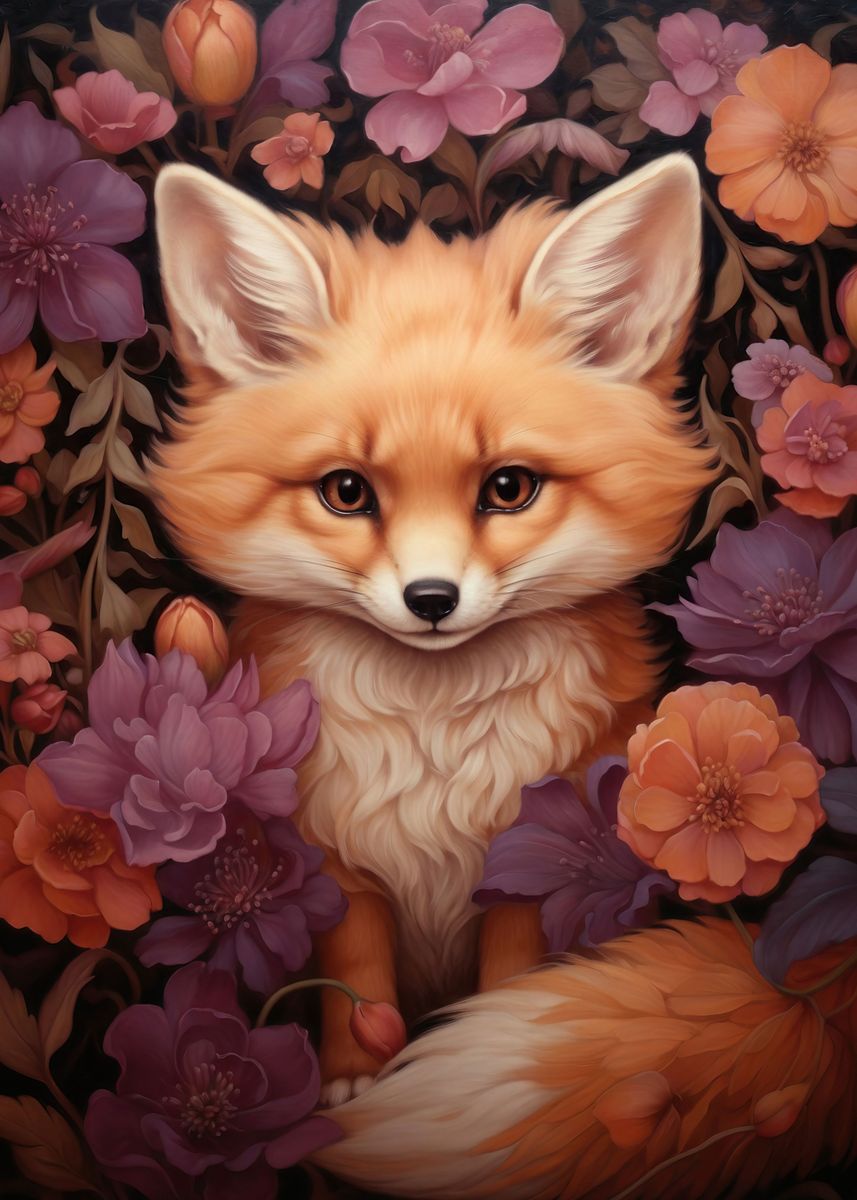 'Cute Fox in Fall Flowers' Poster, picture, metal print, paint by ...