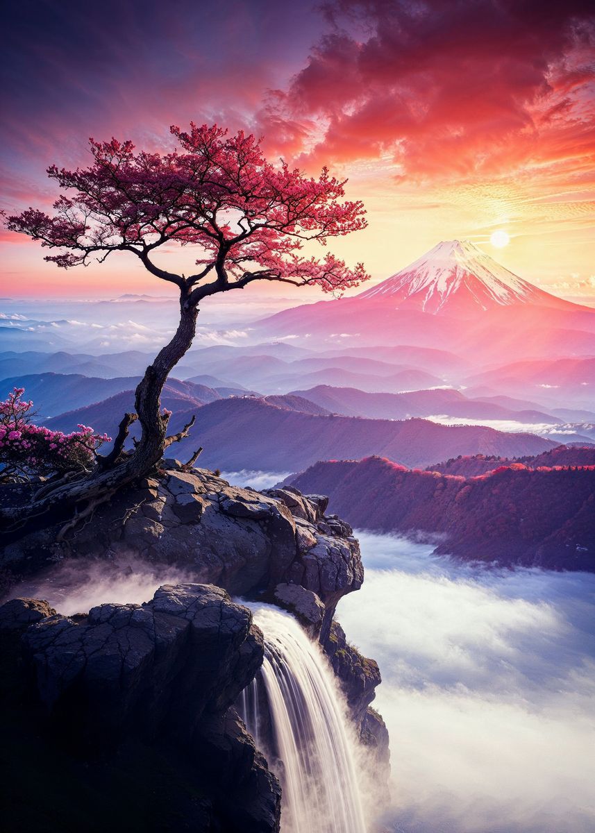'Fujisan Sakura Sunrise ' Poster, picture, metal print, paint by Pixaverse | Displate
