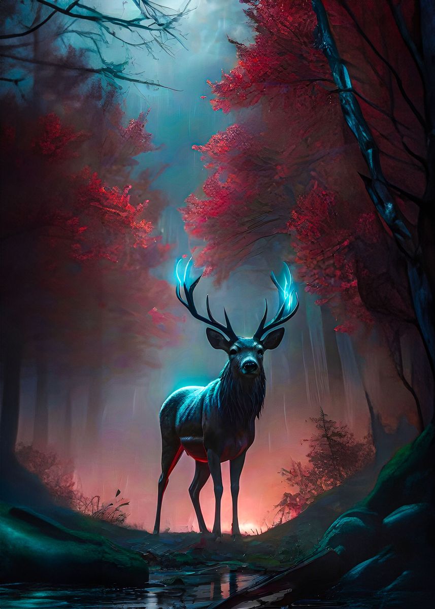'Deer in Dark Red Forest' Poster, picture, metal print, paint by Karx ...