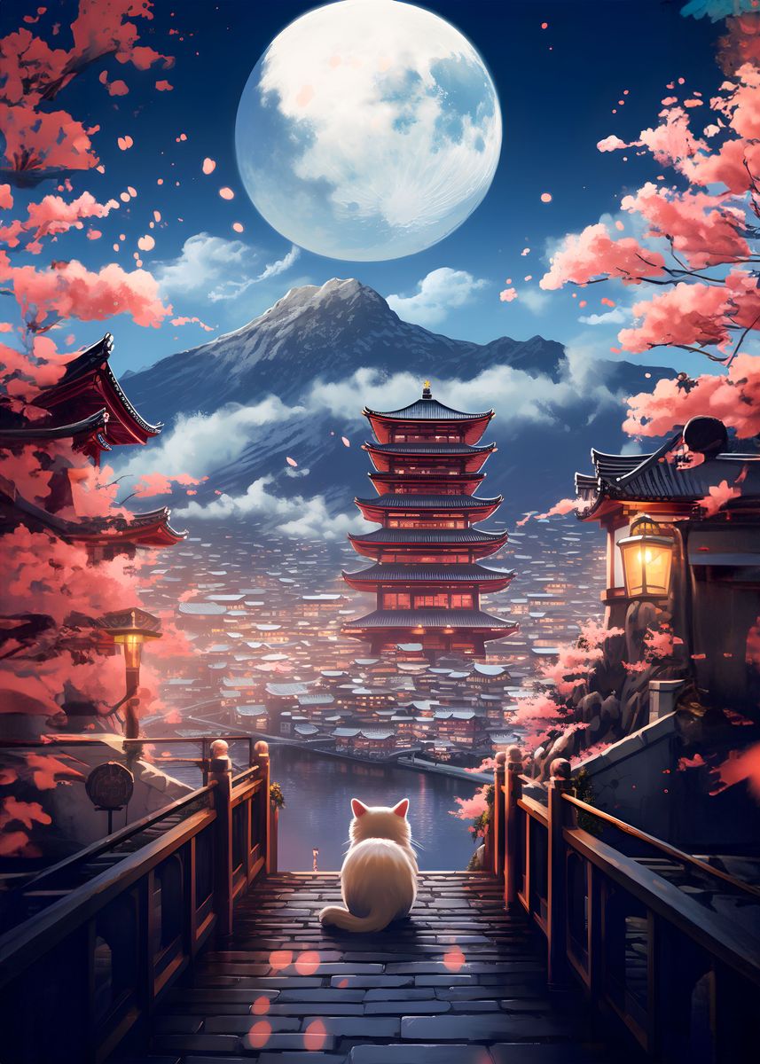 'The moon night cat japan' Poster, picture, metal print, paint by Rogue ...