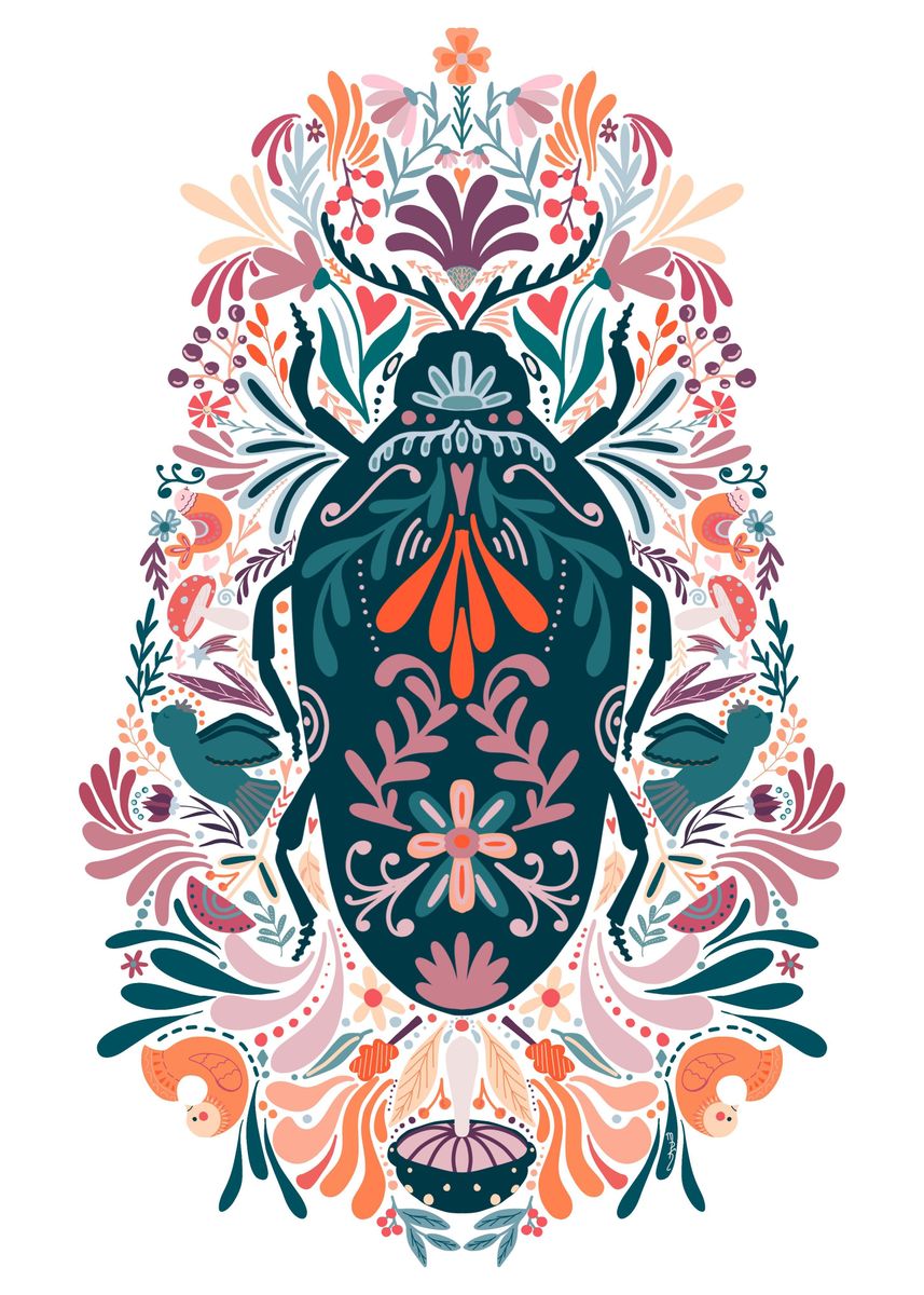 'Beetle Folk Art' Poster, picture, metal print, paint by ...