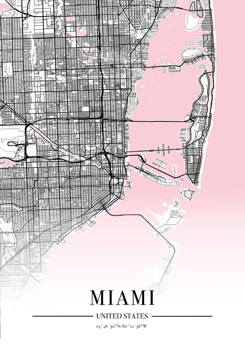 'Miami Map USA' Poster, picture, metal print, paint by reza za | Displate