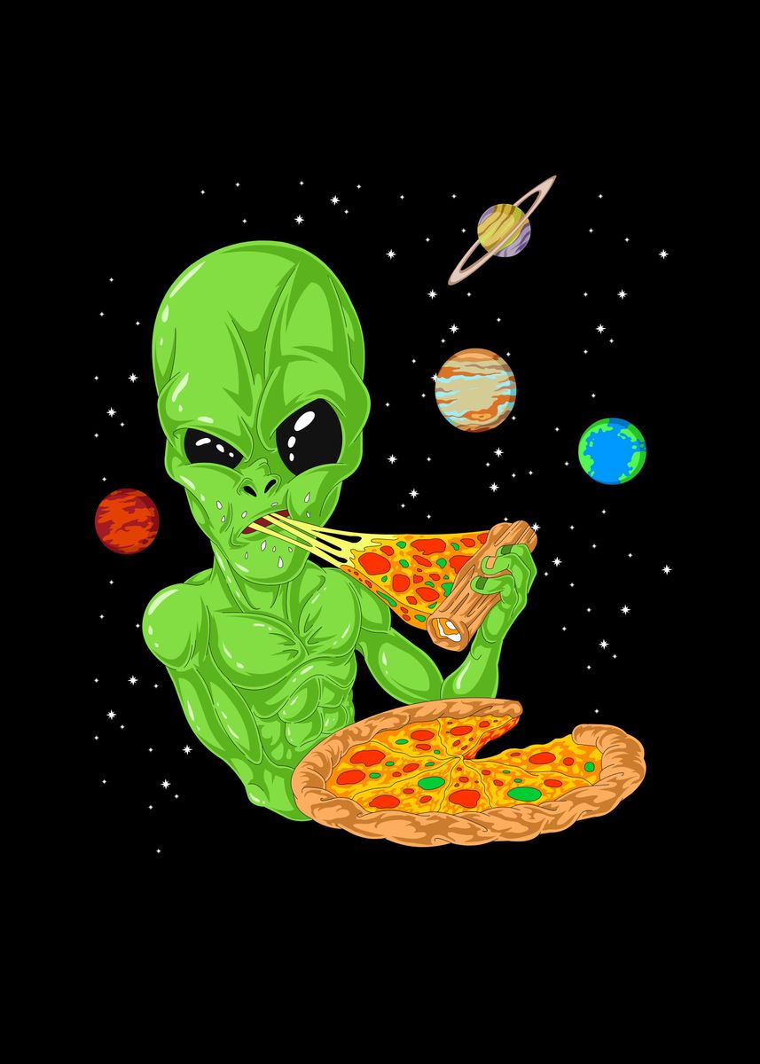 'alien eating pizza' Poster, picture, metal print, paint by Yacoub Al ...