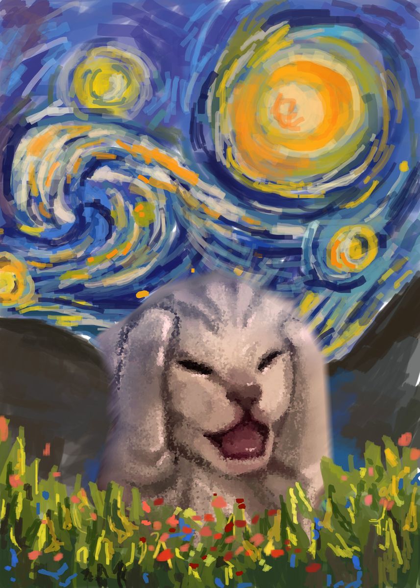 'screaming cat starry night' Poster, picture, metal print, paint by ...