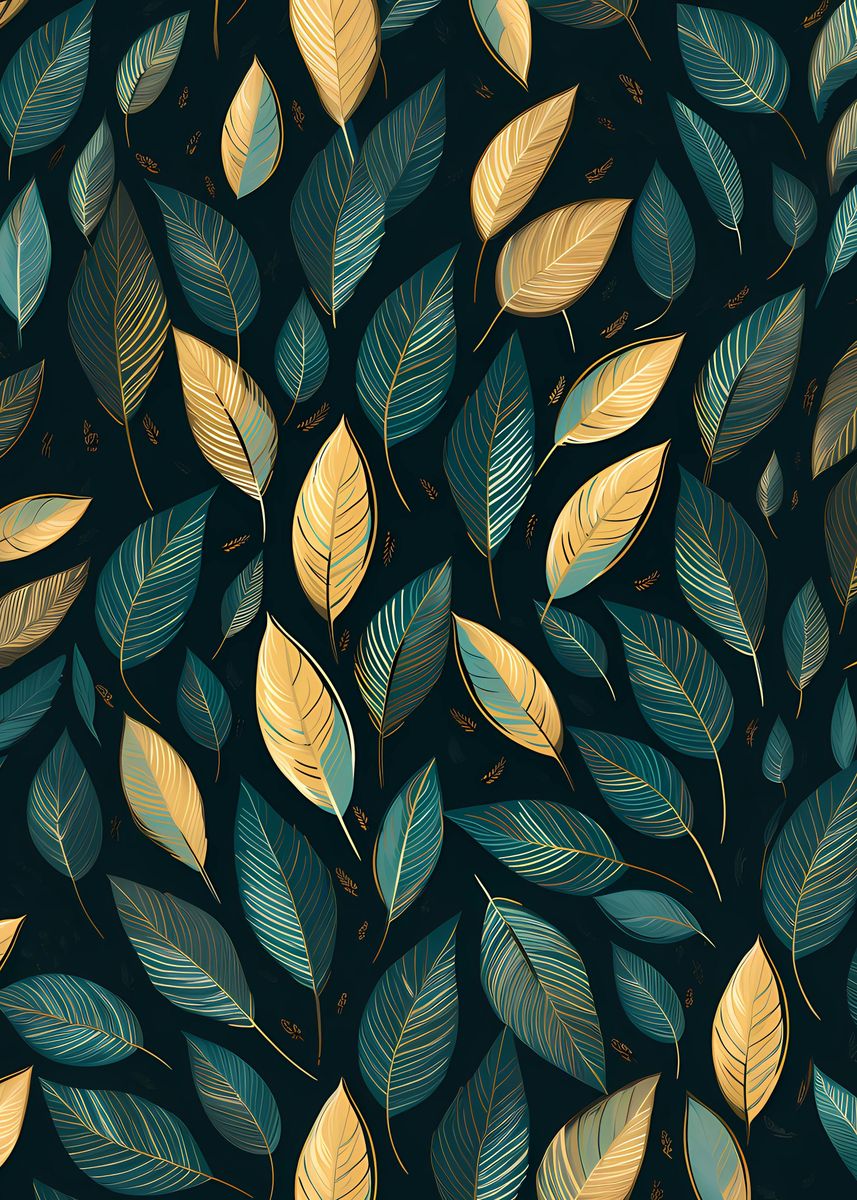 'Gold and teal leaves' Poster, picture, metal print, paint by CiniArt ...