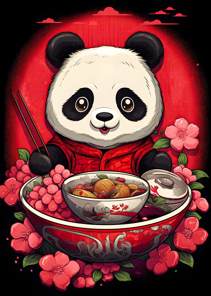 'Japan Panda Ramen Ruby Art' Poster, picture, metal print, paint by ...