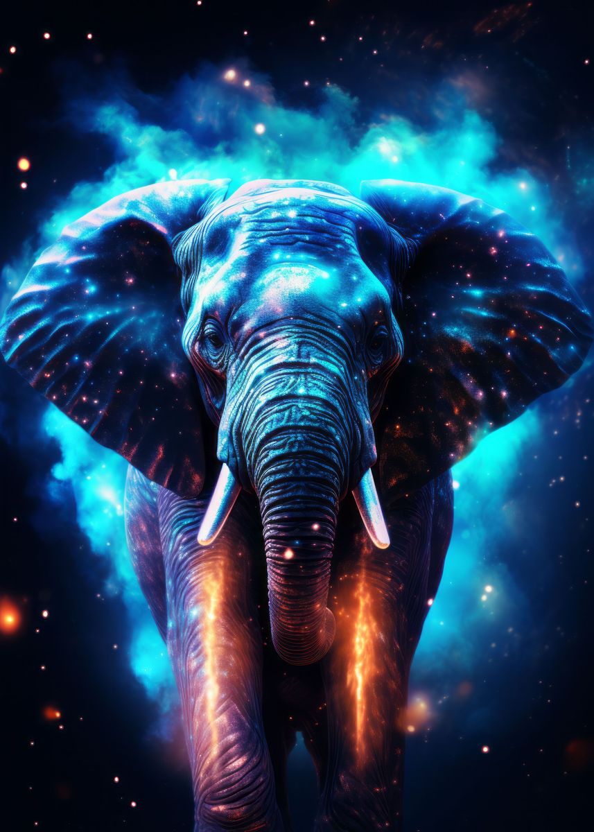 'Neon Cyan Elephant Nebulae' Poster, picture, metal print, paint by ...