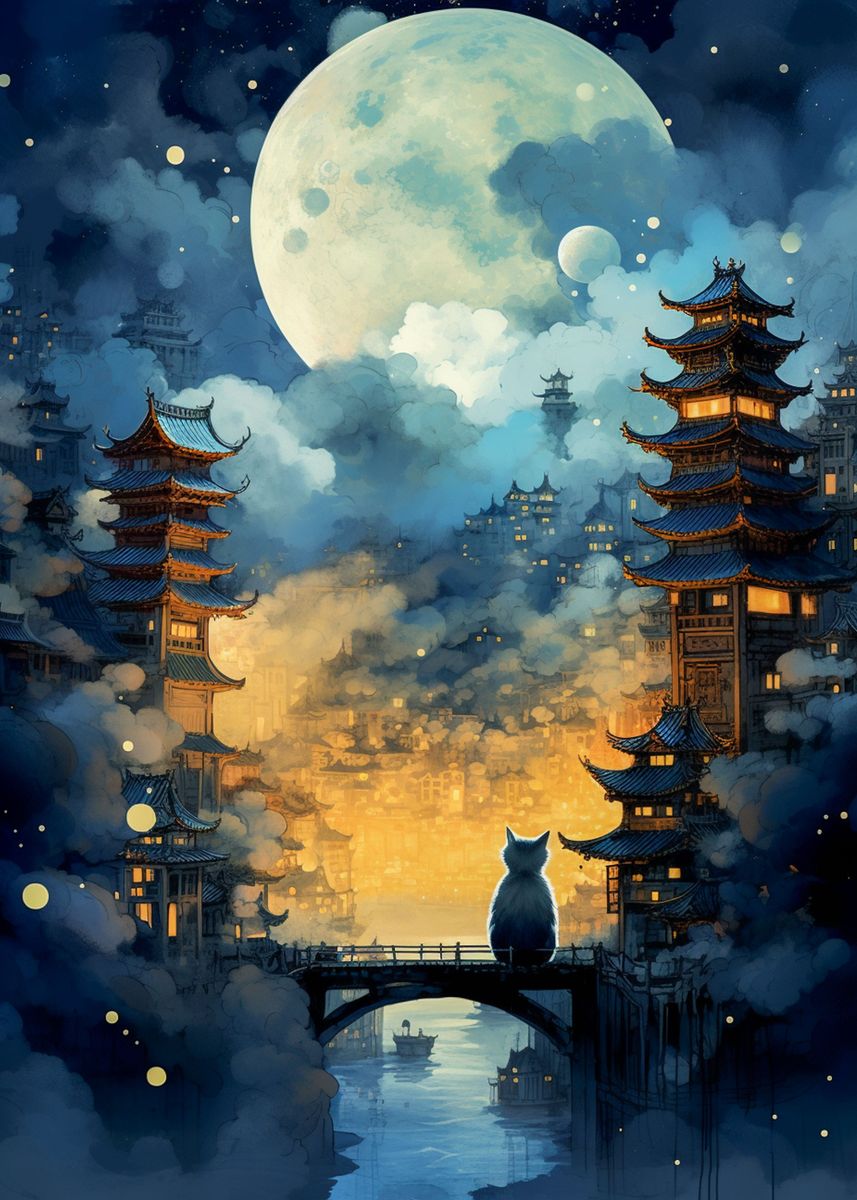 'The moon night cat japan' Poster, picture, metal print, paint by Rogue ...