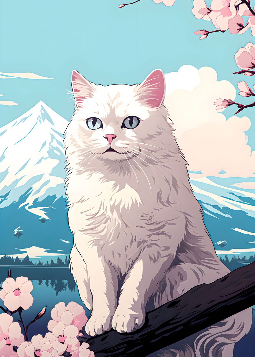 'Cat Mount Fuji Portrait' Poster, picture, metal print, paint by Berly ...