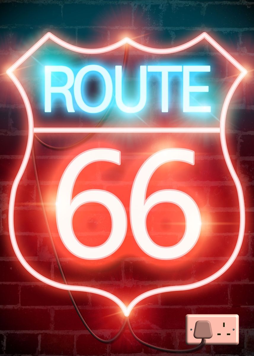 'Route 66 Neon Sign on wall' Poster, picture, metal print, paint by ...