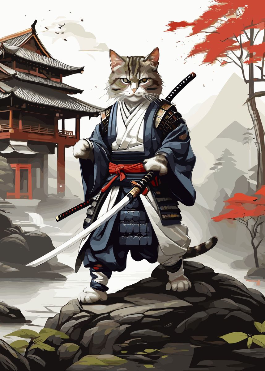 'Samurai Cat' Poster, picture, metal print, paint by Vicky Hanggara ...
