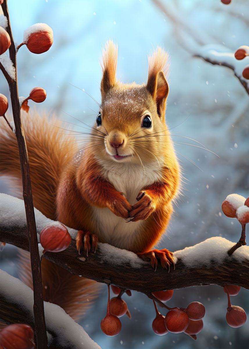 'Snowy Squirrel Perch' Poster, picture, metal print, paint by Create ...