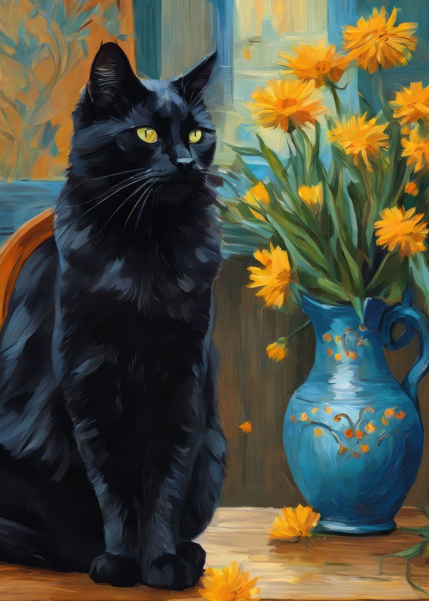 'Black Cat and Sunflowers' Poster, picture, metal print, paint by Erika ...