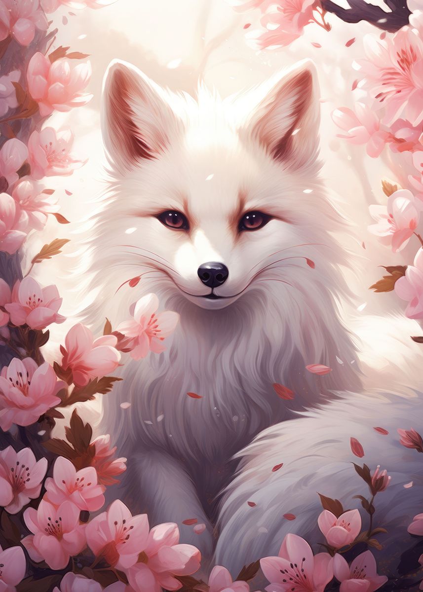 'Cherry Blossom White Fox' Poster, picture, metal print, paint by Jan ...