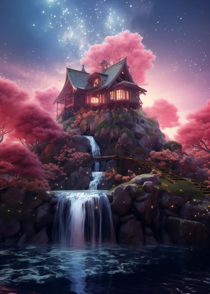 'Peaceful Fantasy Cabin' Poster, picture, metal print, paint by uniimagination | Displate