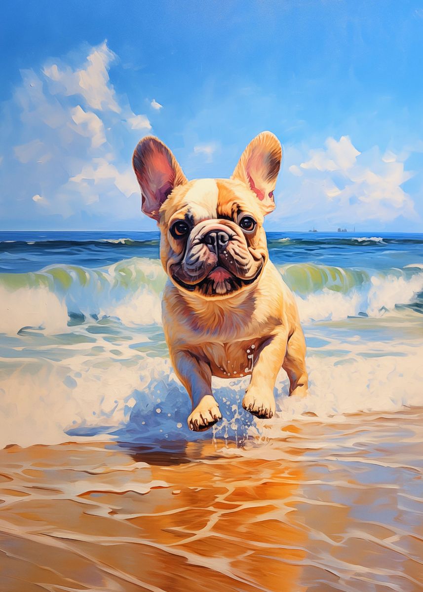 'Frenchie on the beach' Poster, picture, metal print, paint by PetsArt ...
