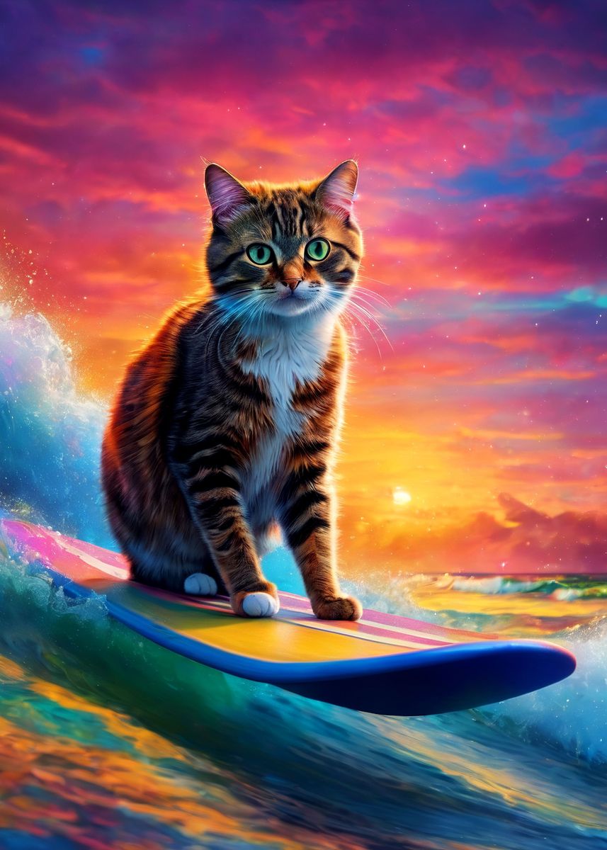 'Funny Cat Surfing' Poster, picture, metal print, paint by Masdarata ...