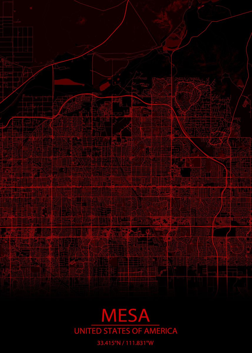 'Mesa Arizona Red Black Map' Poster, picture, metal print, paint by ...