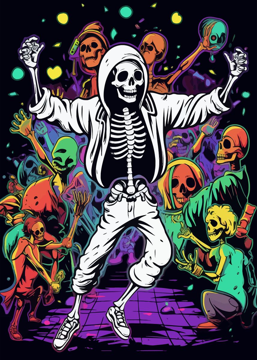'Skeleton Party' Poster, picture, metal print, paint by Tom Cage | Displate