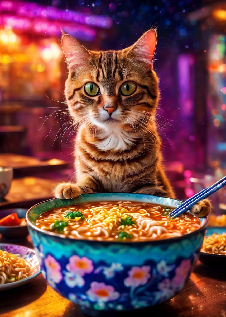 'Funny Cat Eating Ramen' Poster, picture, metal print, paint by ...