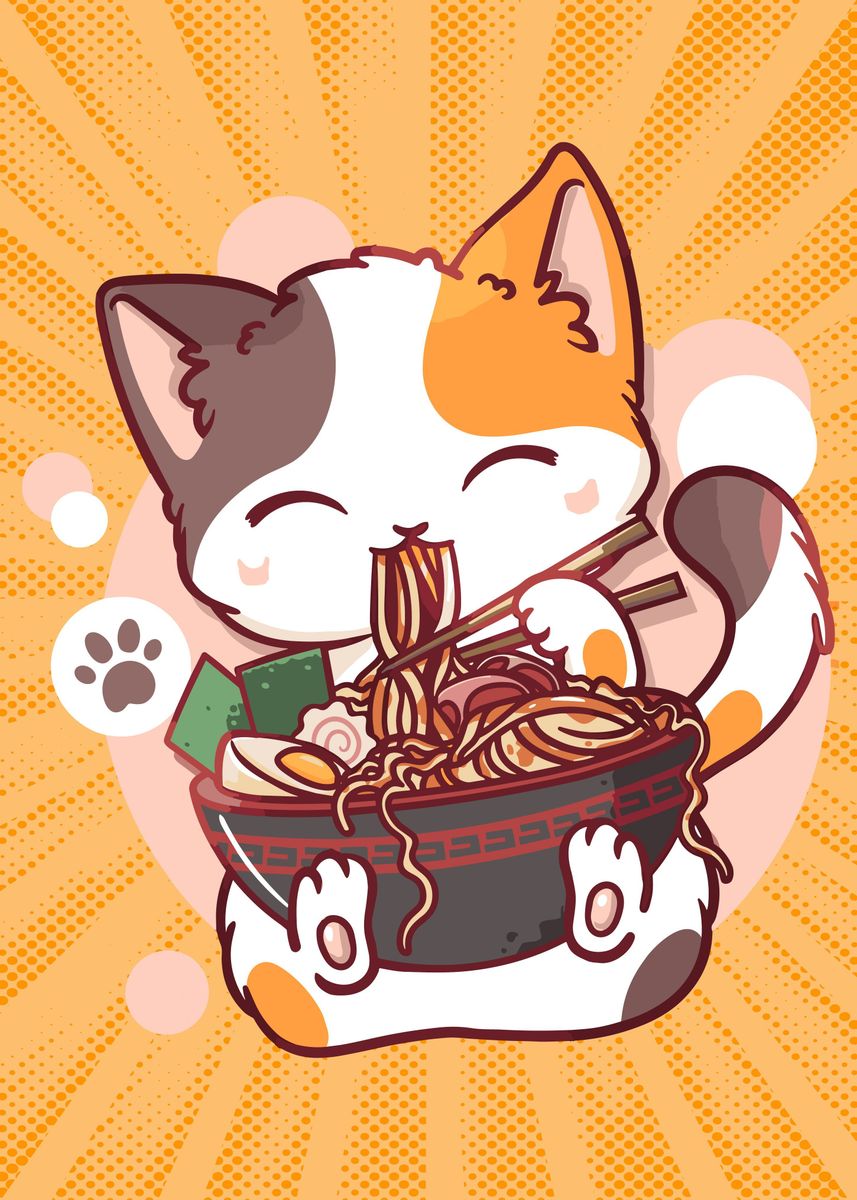 'Ramen Cat Anime Kawaii' Poster, picture, metal print, paint by reza za ...