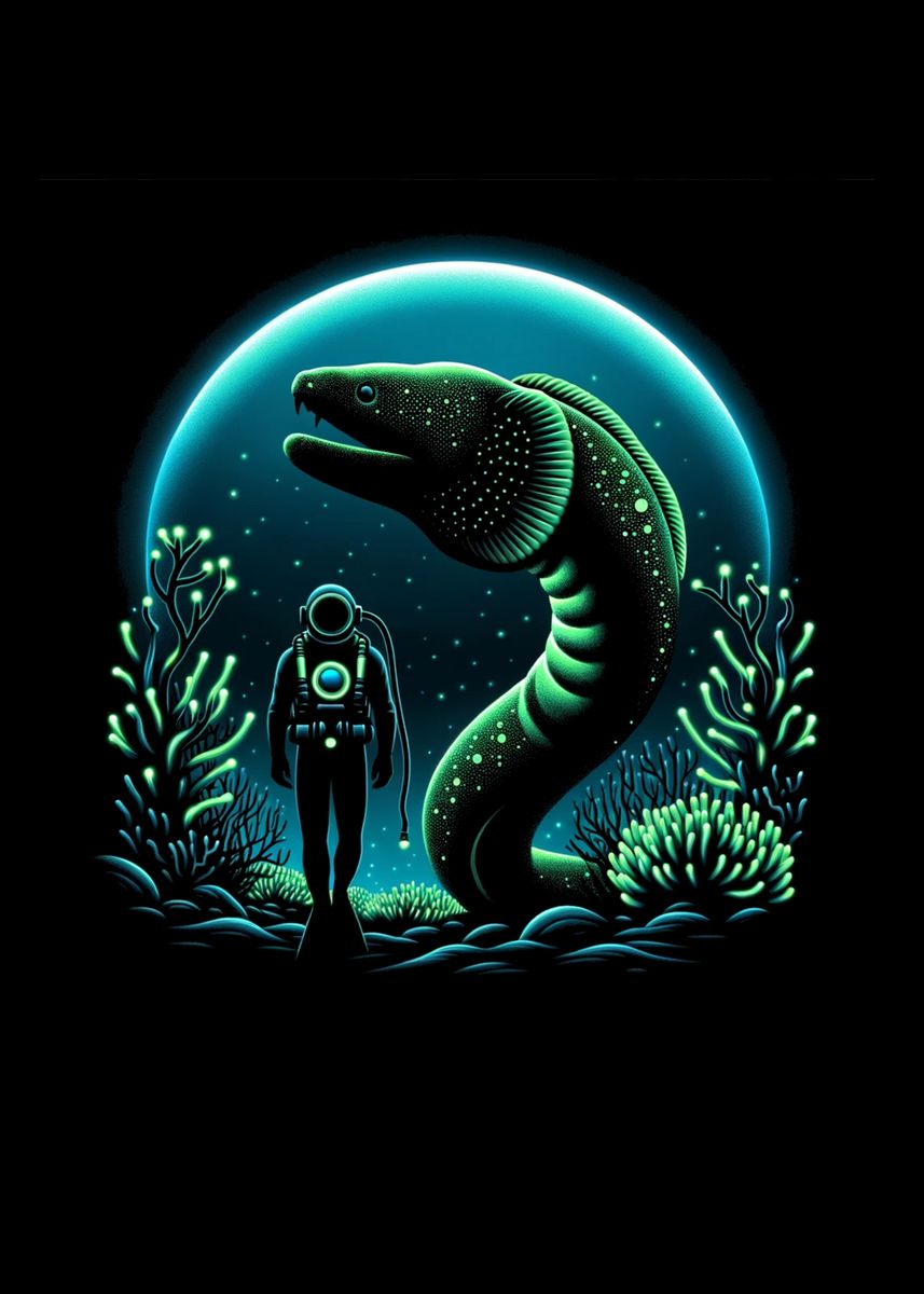 'Scuba Diver and Moray Eel' Poster, picture, metal print, paint by ...