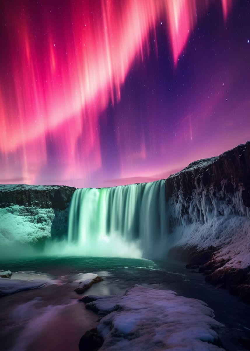 'Northern Lights Waterfall' Poster, picture, metal print, paint by ...