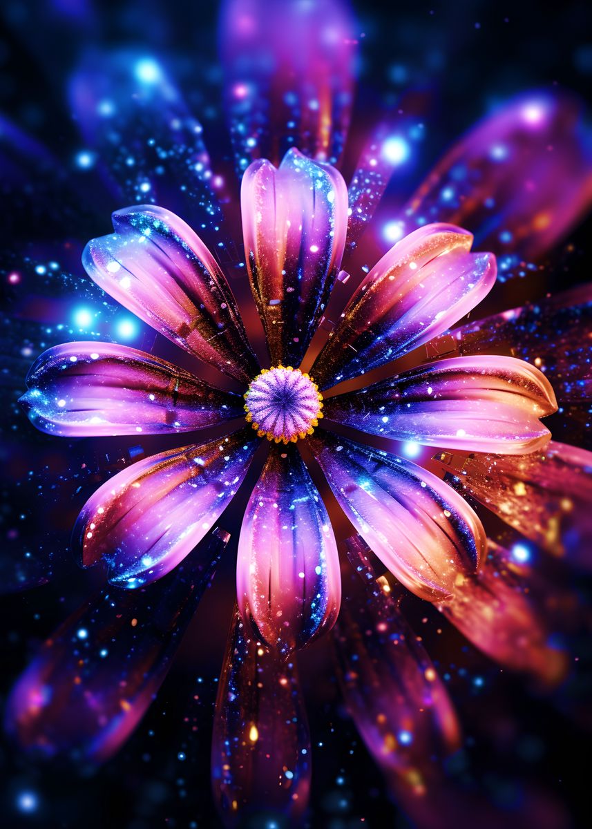 'Daisy Neon Cosmic Flower' Poster, picture, metal print, paint by Mose ...