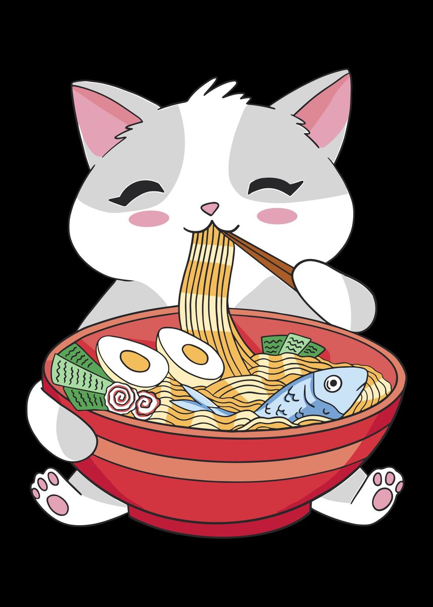 'Ramen Cat Anime' Poster, picture, metal print, paint by reza za | Displate