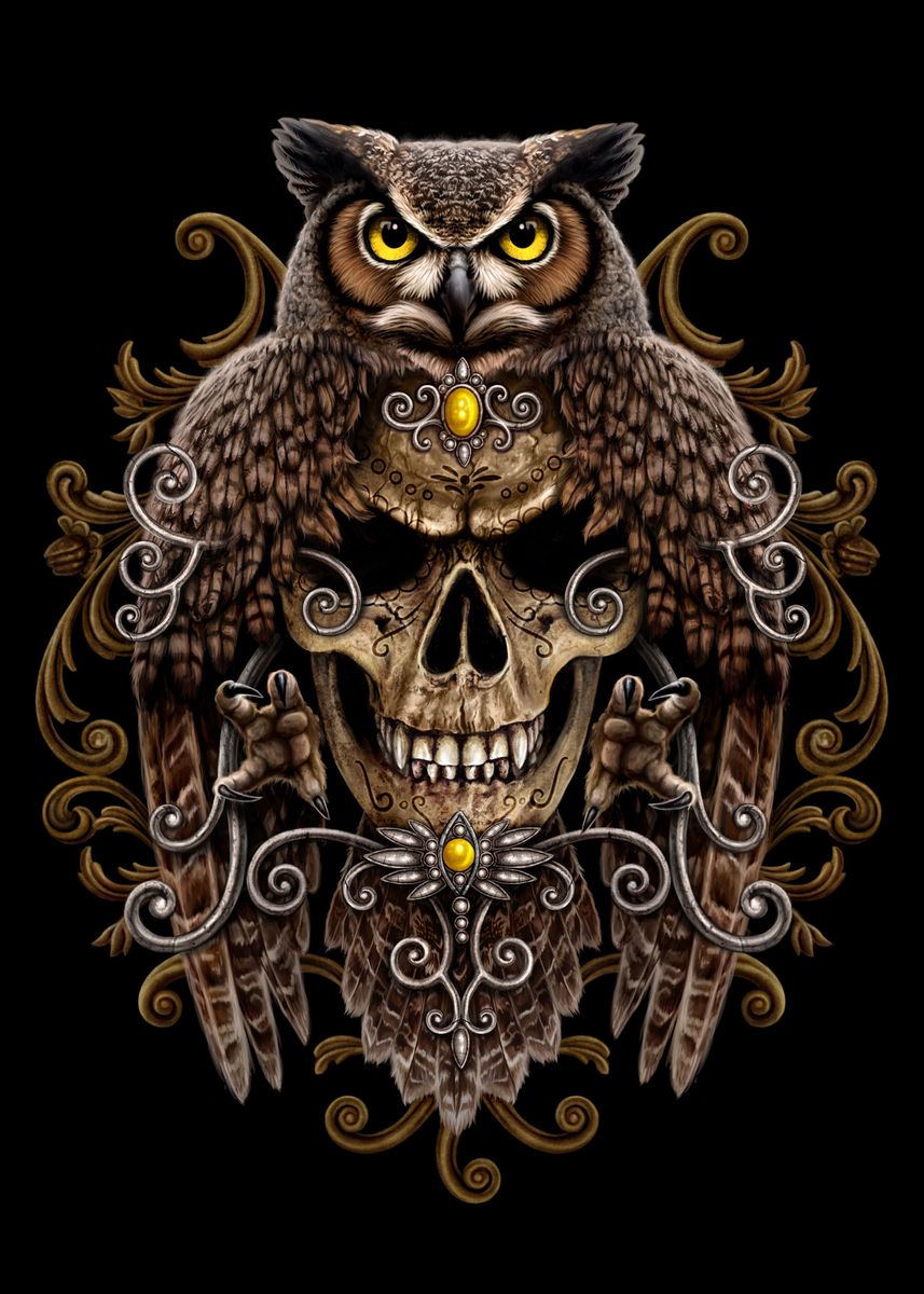 'Gothic Owl with Skull' Poster, picture, metal print, paint by Sarah ...