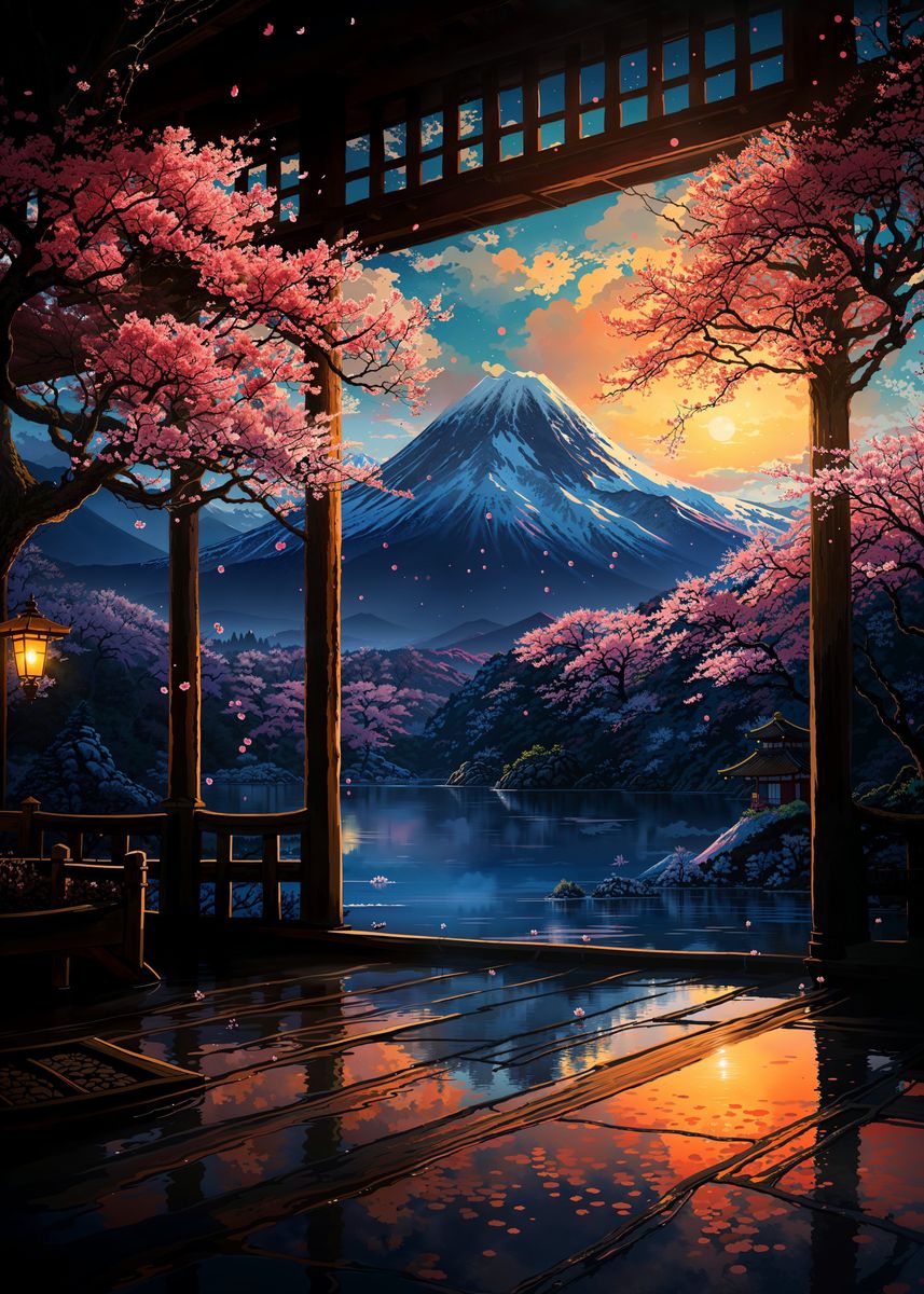'Japanese Sakura Sunset Art' Poster, picture, metal print, paint by ...