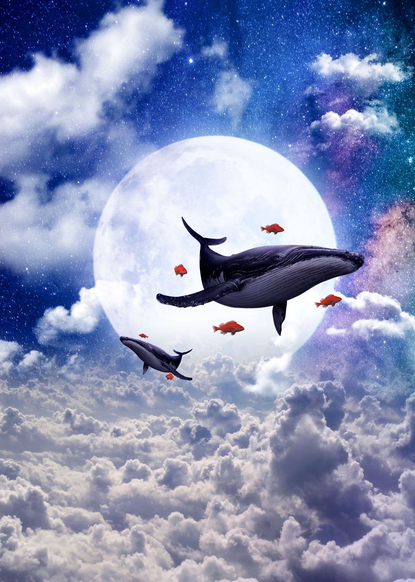 'Magical Whales In The Sky' Poster, picture, metal print, paint by ...
