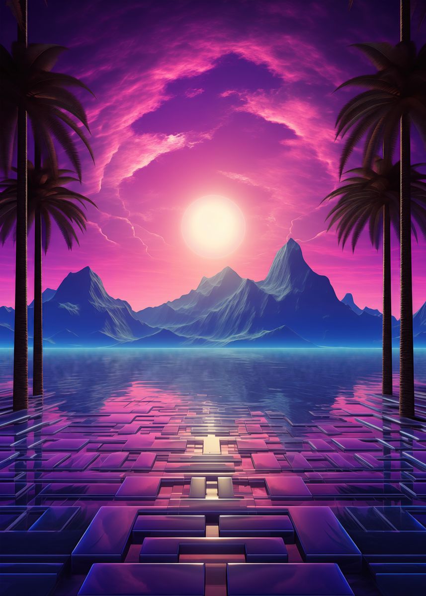 'Sunset Synthwave Harmony' Poster, picture, metal print, paint by ...