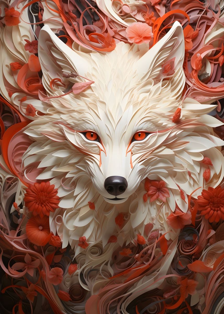 'White Wolf in Red Flowers' Poster, picture, metal print, paint by ...