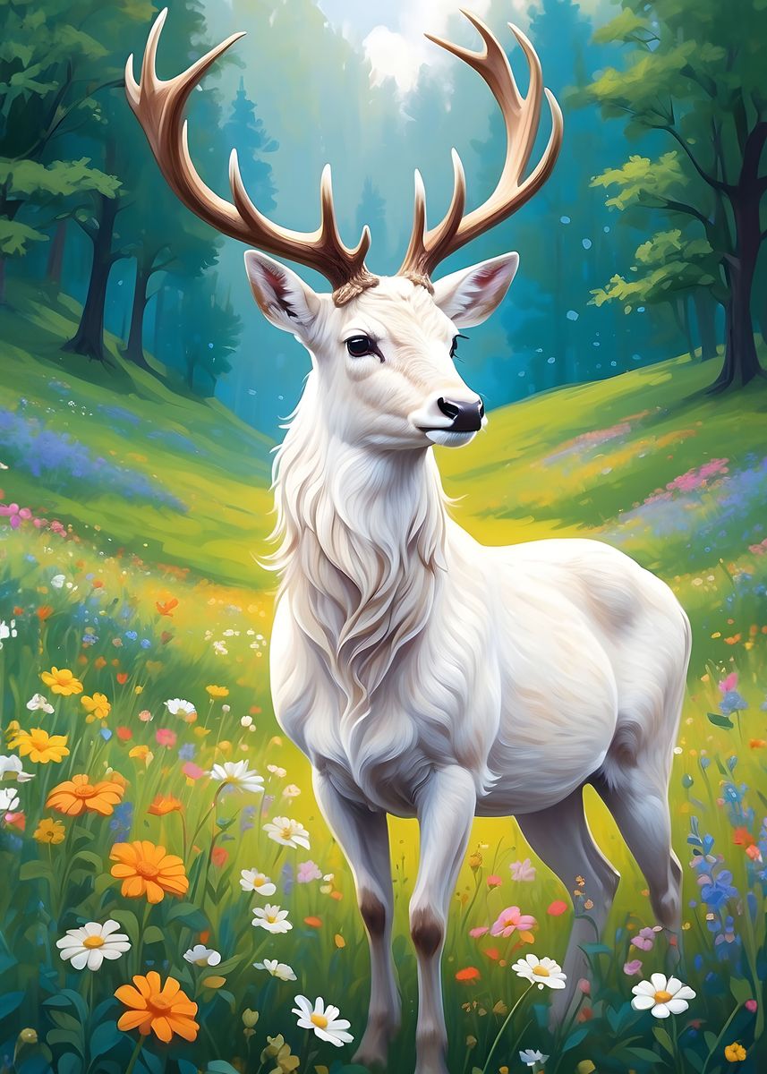 'Cute White Stag in Meadow' Poster, picture, metal print, paint by ...