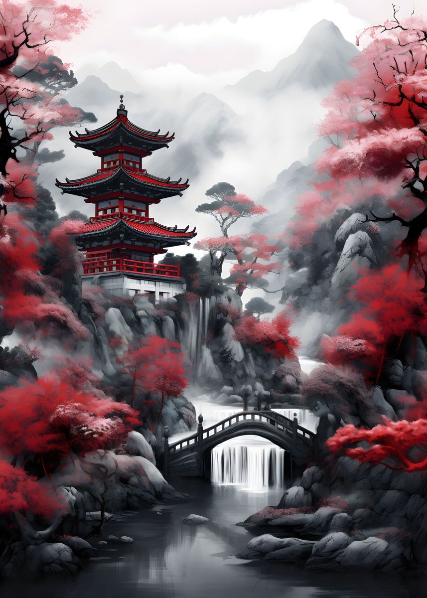 'Red Moon Japan Art' Poster, picture, metal print, paint by youssef el ...