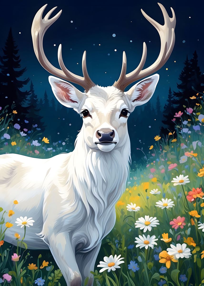 'Cute White Stag in Meadow' Poster, picture, metal print, paint by ...