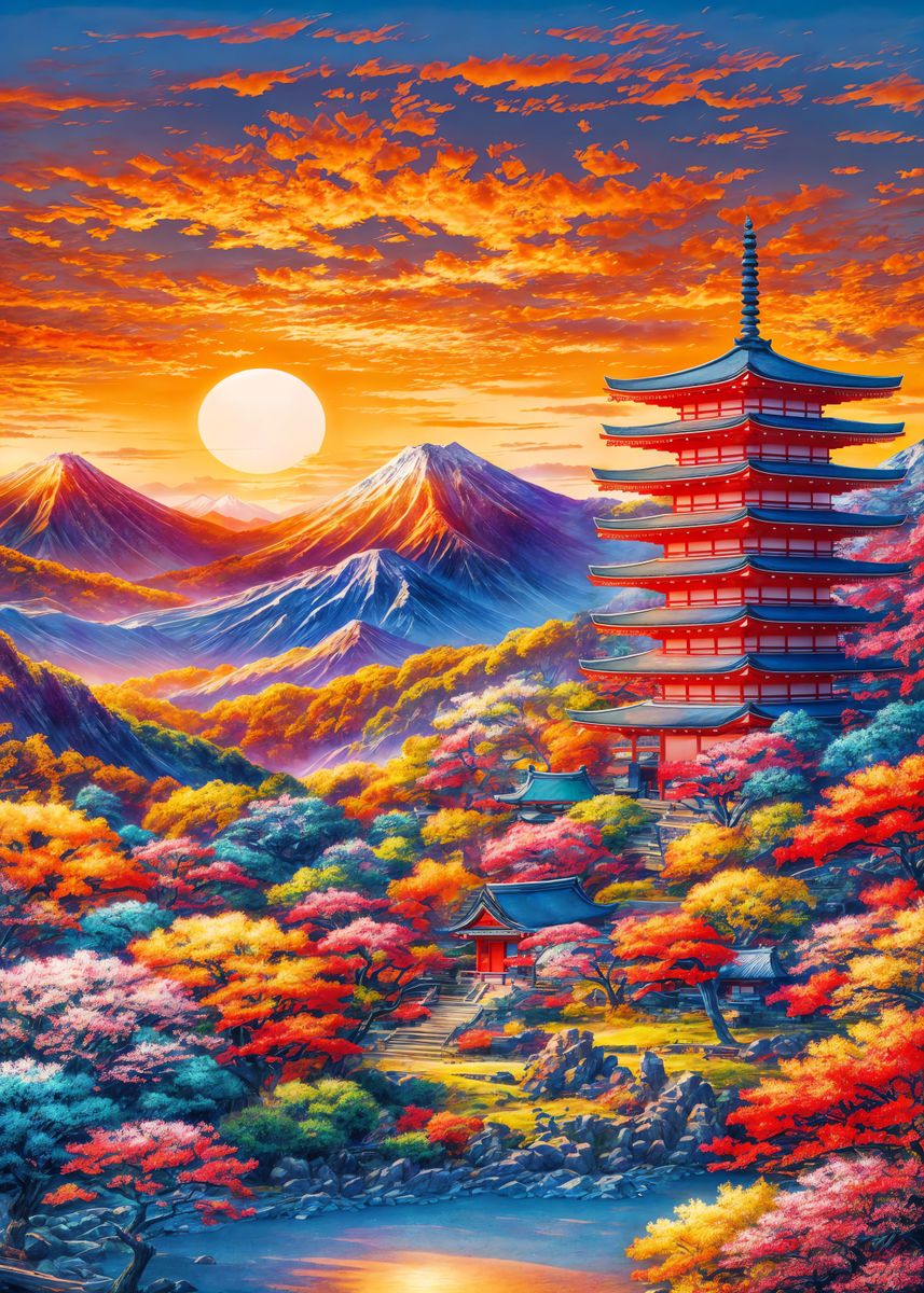 'Japanese Landscape' Poster, picture, metal print, paint by Chung Chi ...