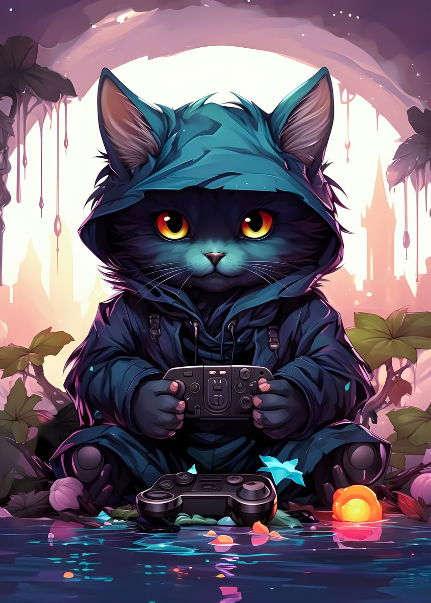 'Gaming Cat' Poster, picture, metal print, paint by Kart Jason Fronda ...